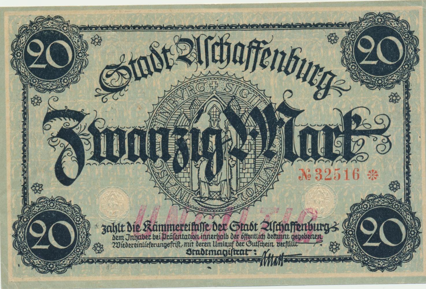 Bayern Notgeldschein um 1920 Stadt Aschaffenburg Zwanzig Mark | MA-Shops