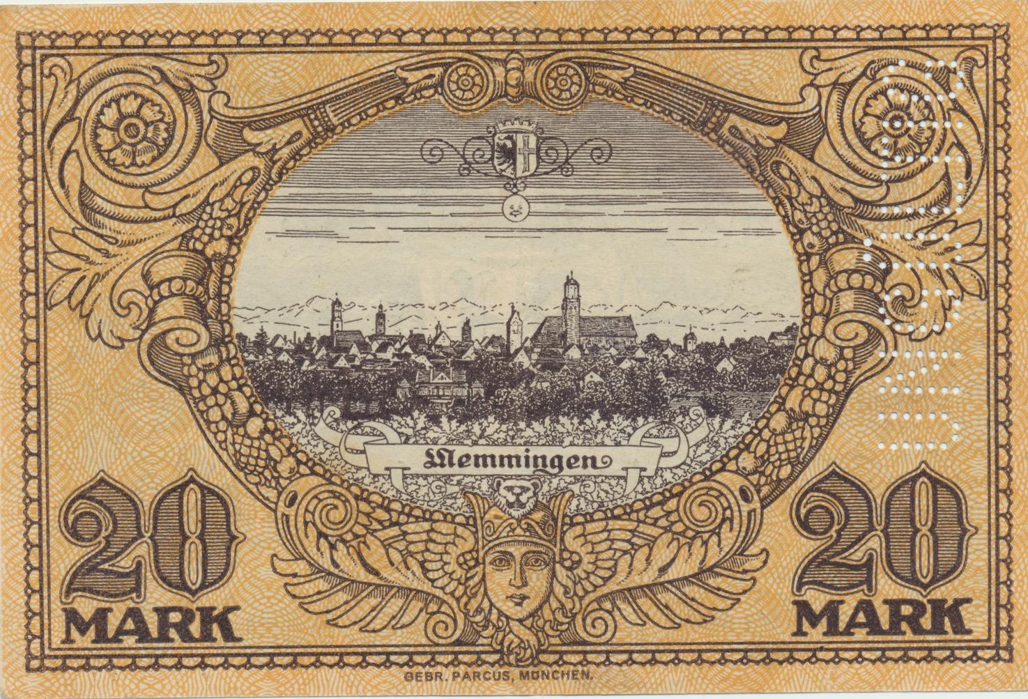 Memmingen 1918 Gutschein der Stadt 20 Mark mit Perforation: UNGÜLTIG ...