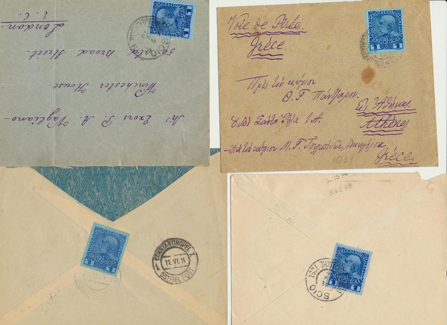 4 alte Briefumschläge mit Briefmarke Fr. Jos. 1 Piaster um 1910 | MA-Shops