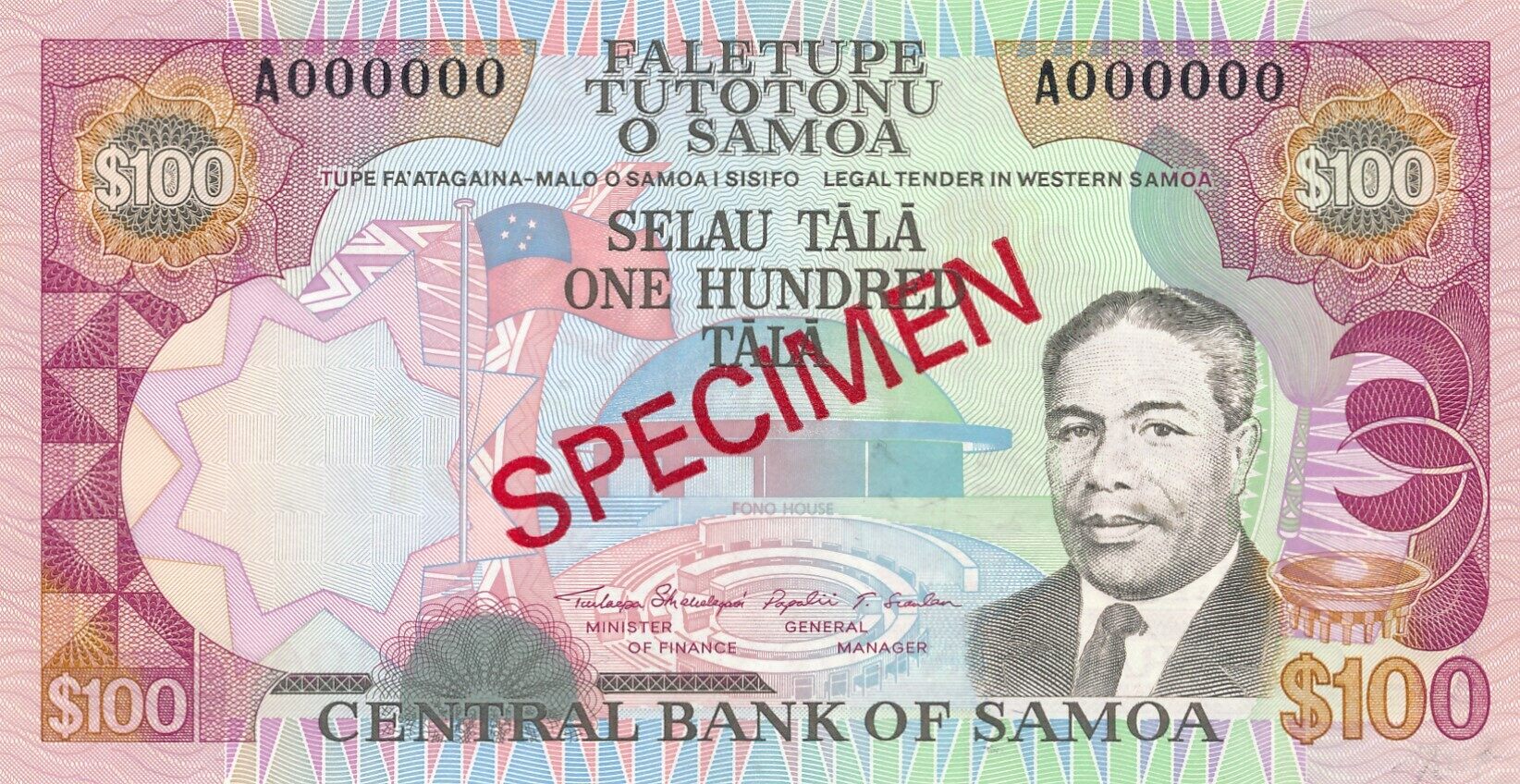 Samoa 100 Dollars Specimen 2005 Geldschein Banknote A000000 unc | MA-Shops