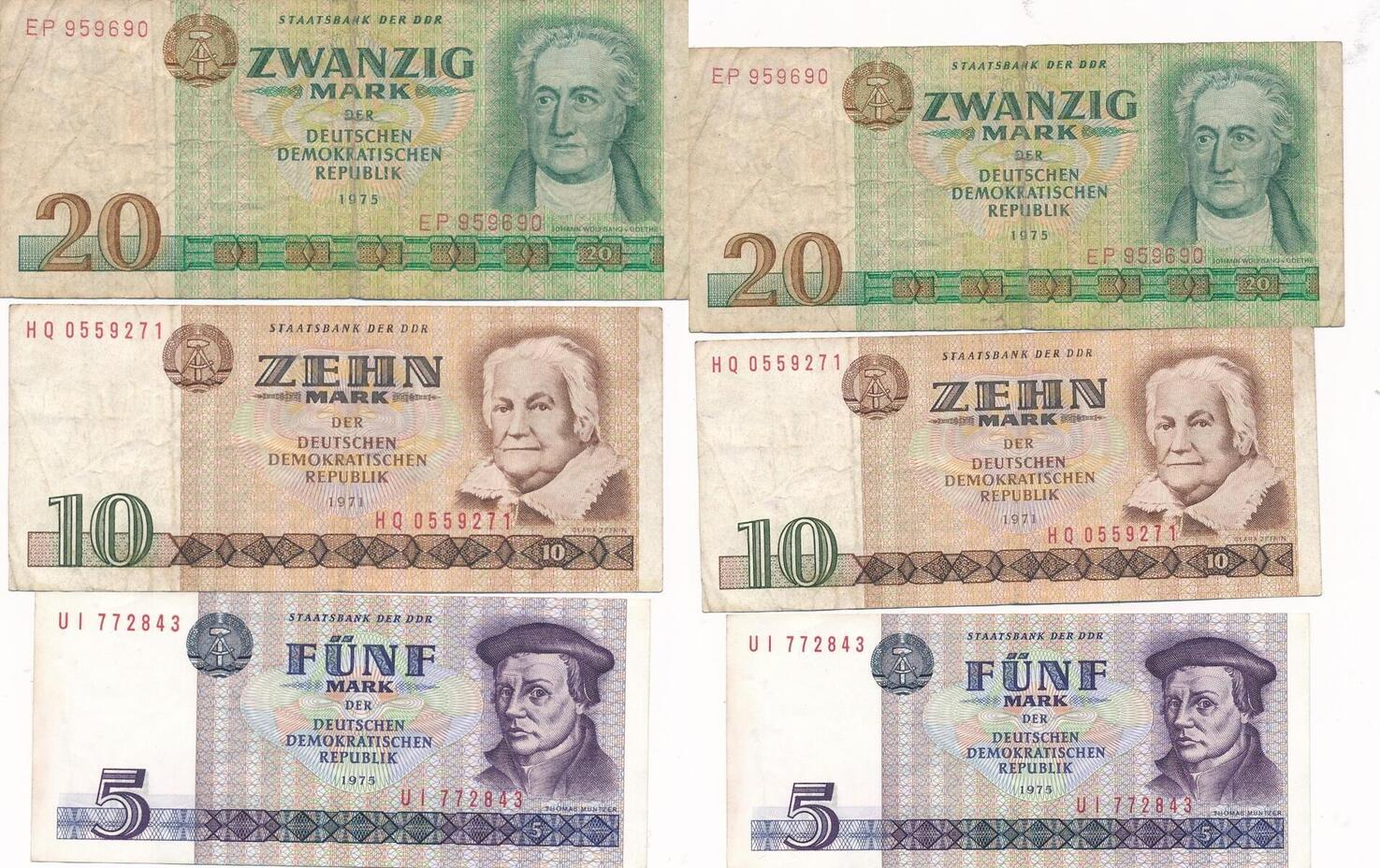 Deutschland DDR 5 10 20 Mark 1971 1975 Geldschein Banknote 3 Stück Lot ...