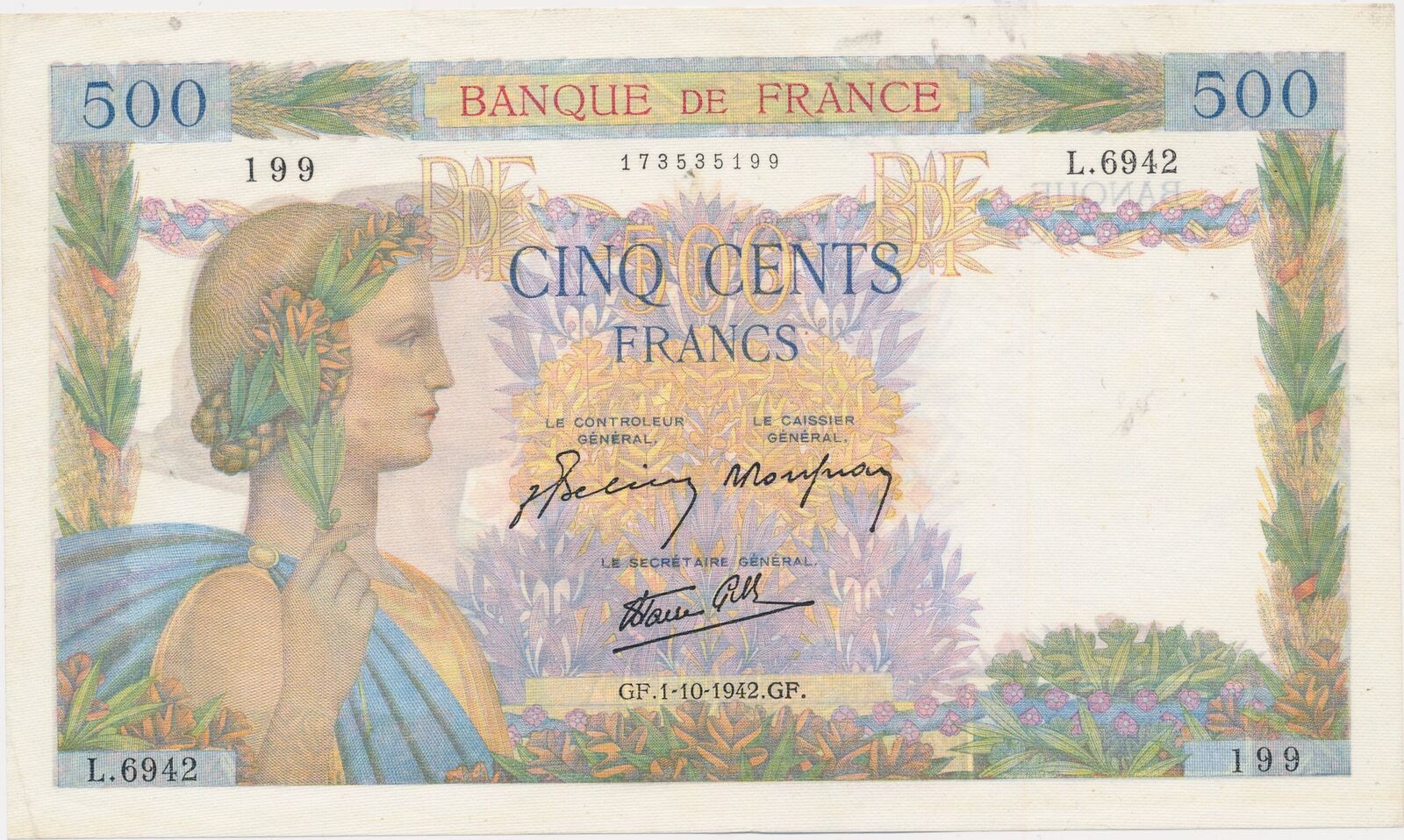 Frankreich 500 Francs 1.10. 1942 Banknote Geldschein Cinq Francs Banque ...