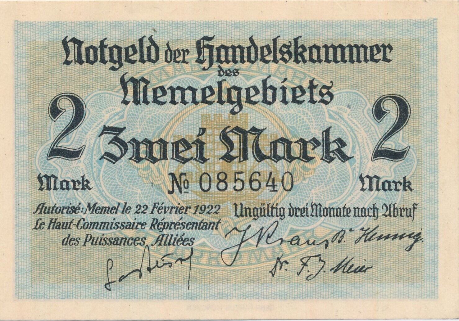 Deutschland Deutsches Reich Polen 2 Mark 22.02.1922 Notgeldschein Notgeld Memel Memelgebiet ...