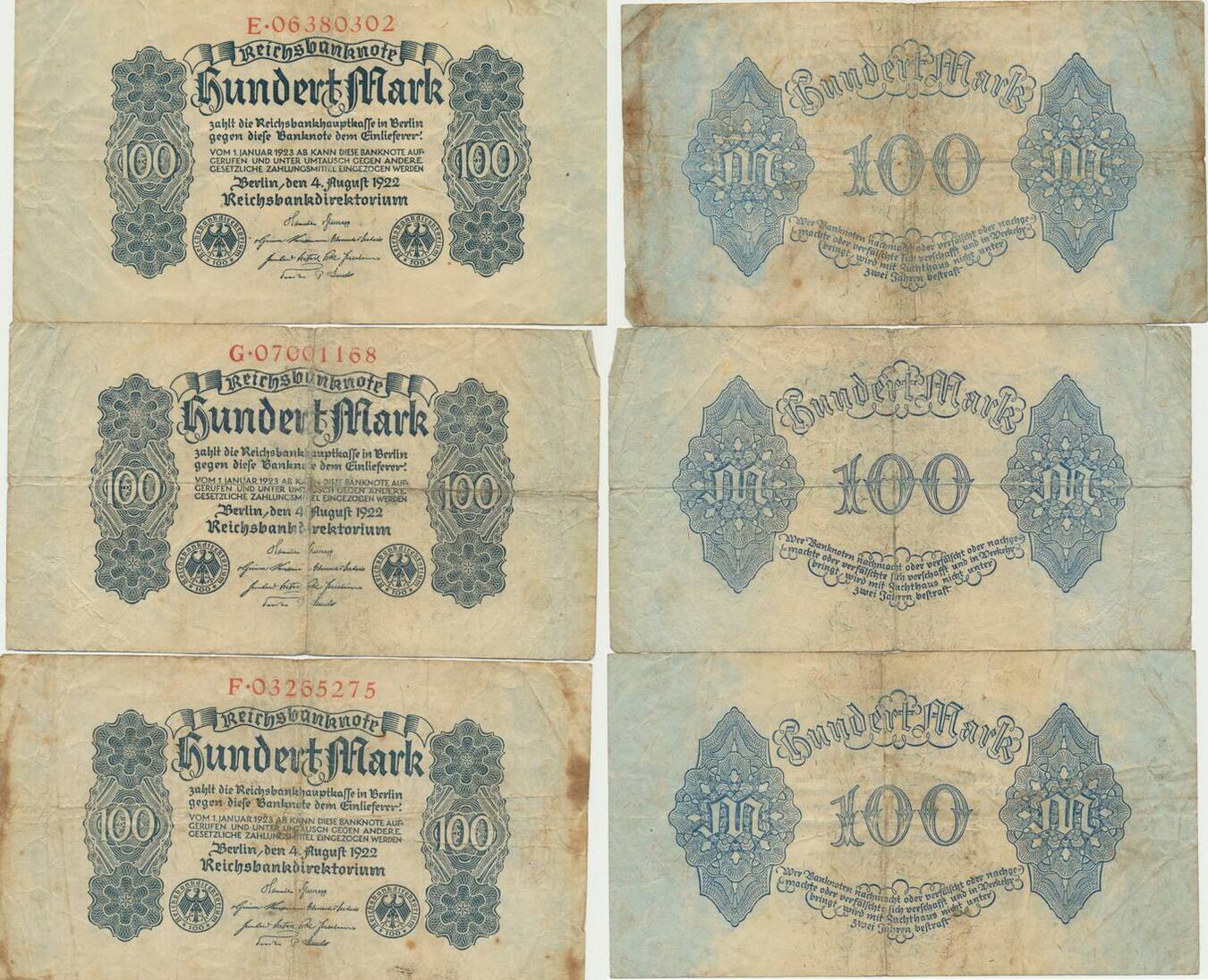 Deutschland 100 Mark 1922 3 Reichsbanknoten KN 8stellig, rot | MA-Shops