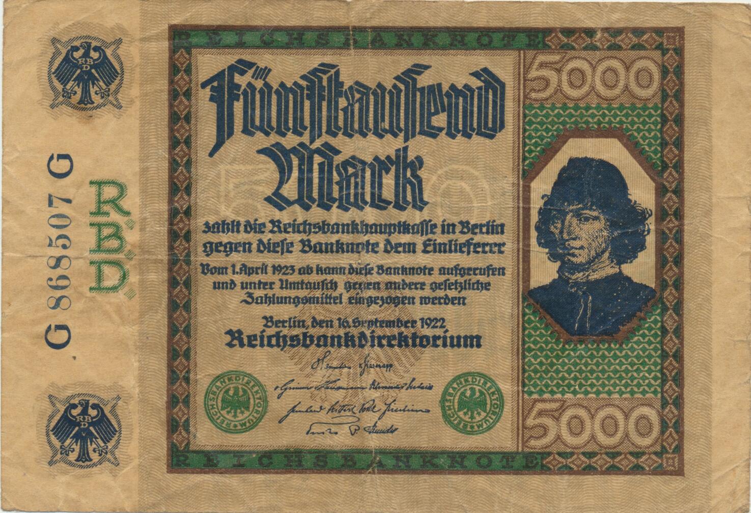Deutschland 5 Tausend Mark 1922 Reichsbanknote Spinelli, KN 6stellig ...