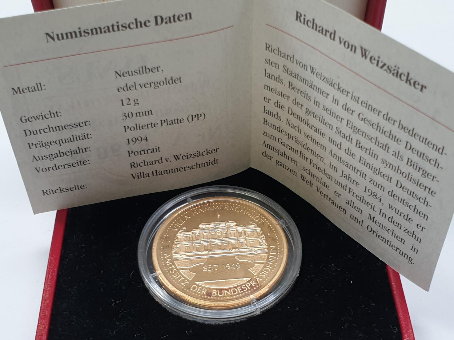 Deutschland Medaille 1994 Richard von Weizsäcker, Villa Hammerschmidt ...
