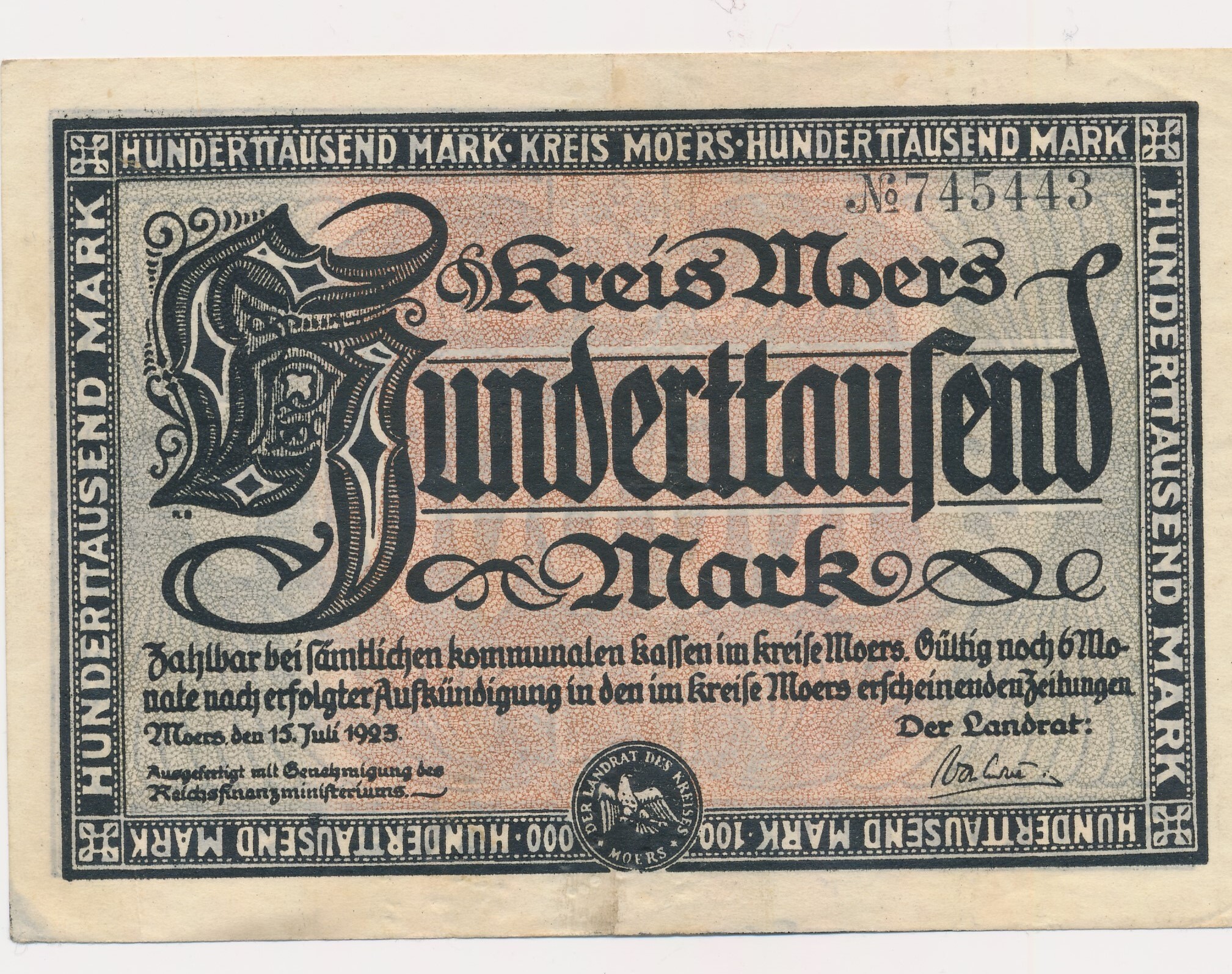 Deutschland Deutsches Reich 100 Tausend Mark 1923 Notgeldschein Notgeld ...
