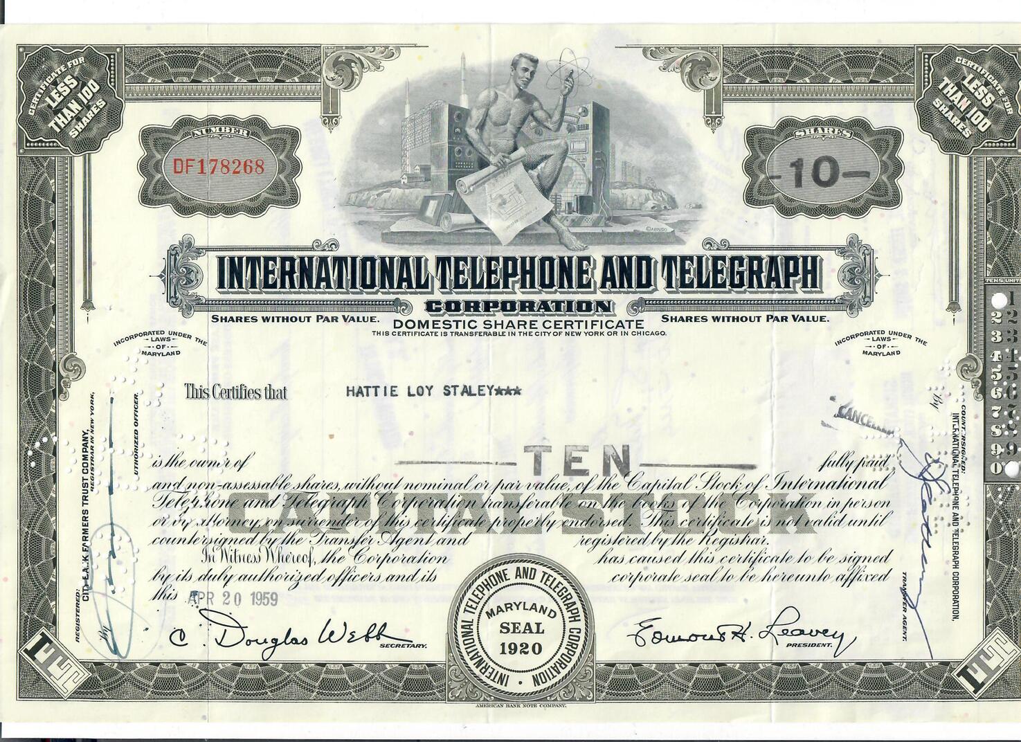 USA 10 Shares International Telephone and Telegraph Corporation 1959 ...