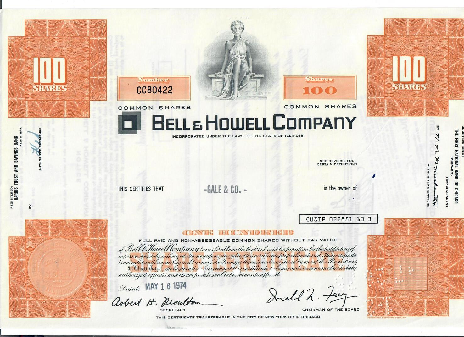 USA 100 Shares Bell & Howell Company 1974, Aktie Wertpapier aEF | MA-Shops