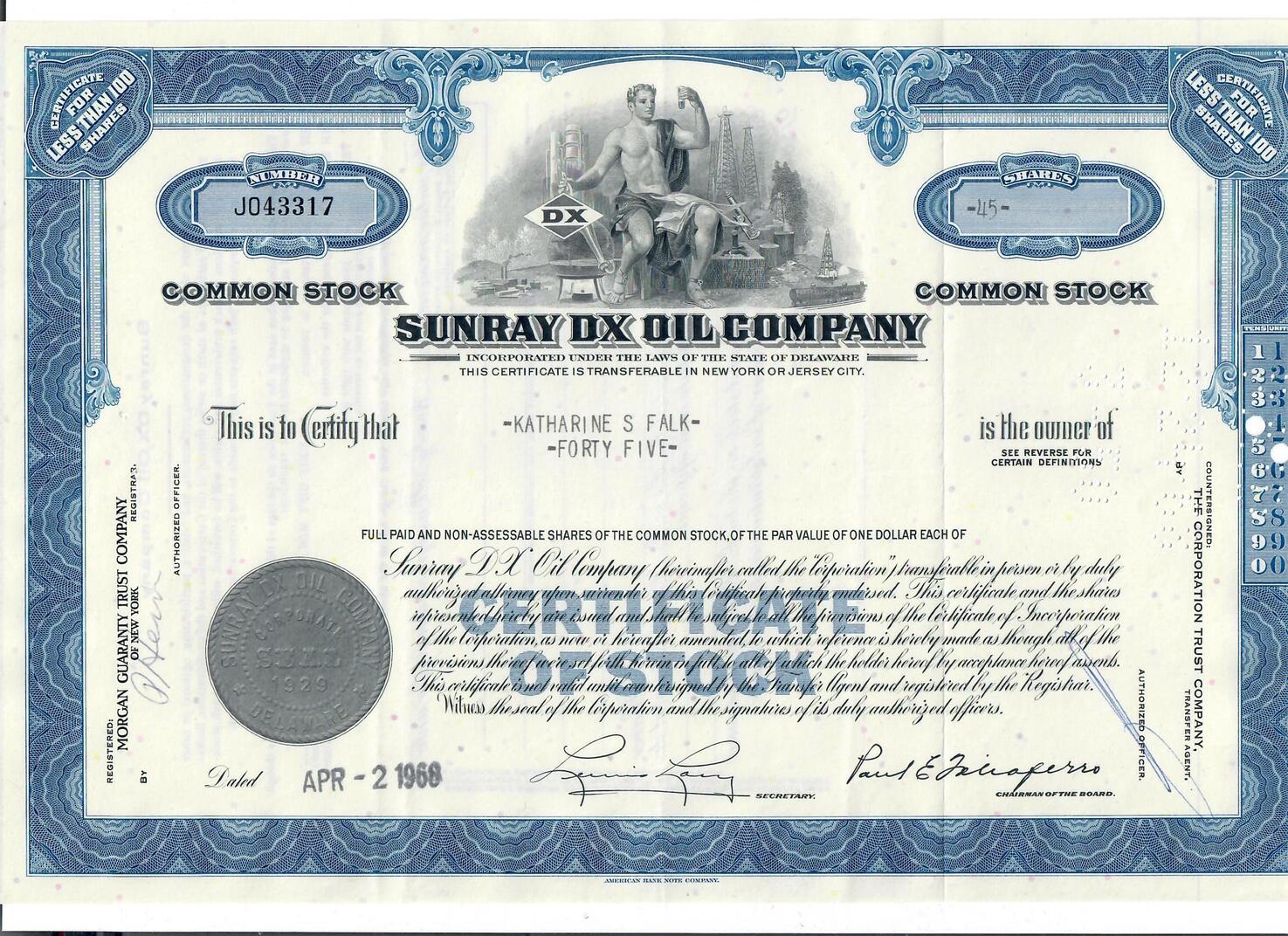 USA 45 Shares Sunray Dx Oil Company 1968, Aktie Wertpapier VF | MA-Shops