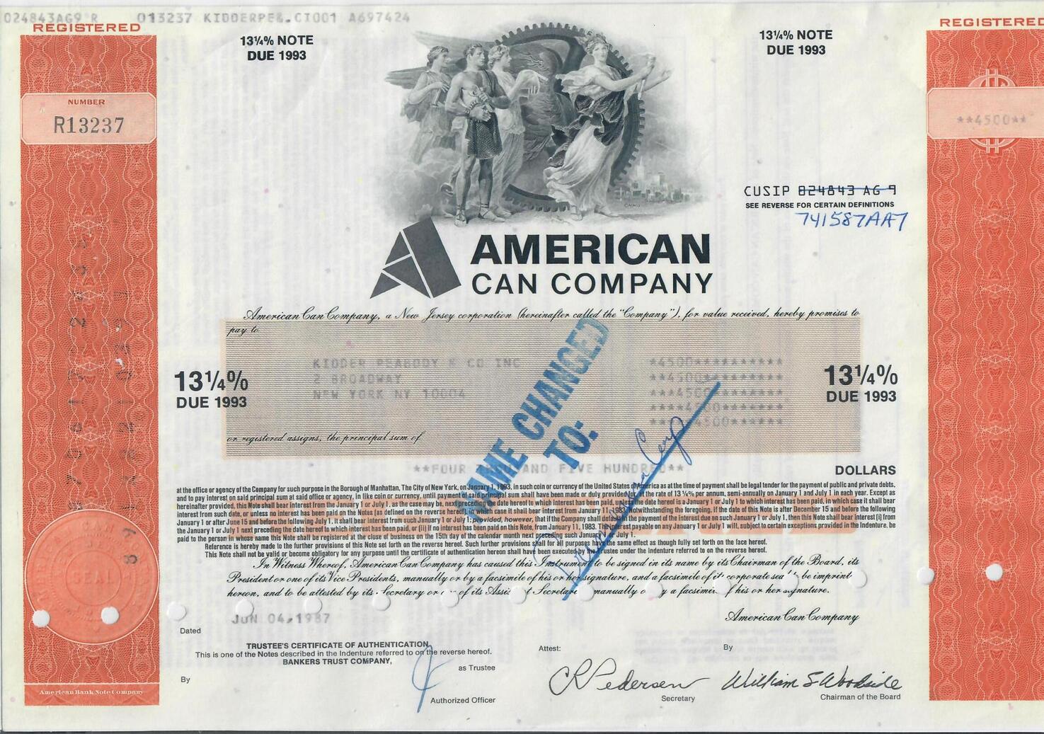 USA 4500 Dollars Share American Can Company 1987 Aktie Wertpapier AEF