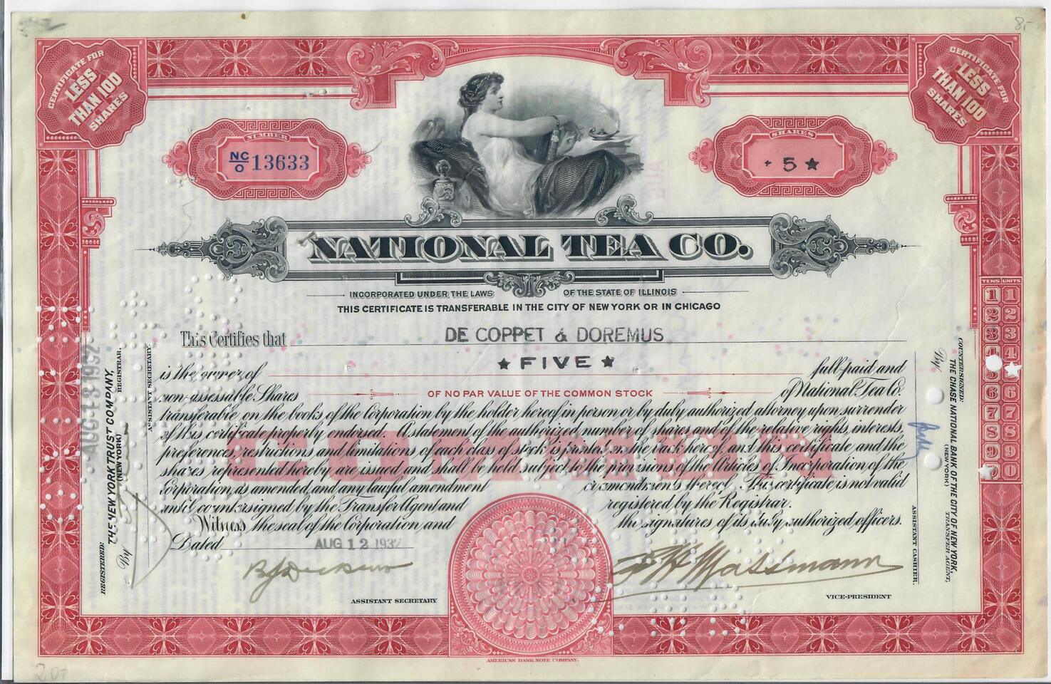 USA 5 Shares National Tea Co. 1932, Aktie Wertpapier VF | MA-Shops
