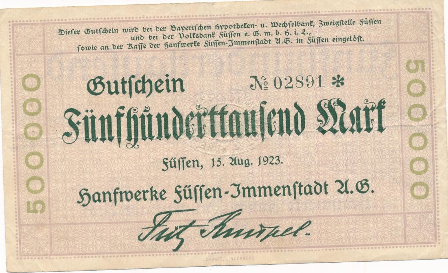 Deutschland Deutsches Reich 500 Tausend Mark 1923 Notgeldschein Notgeld ...