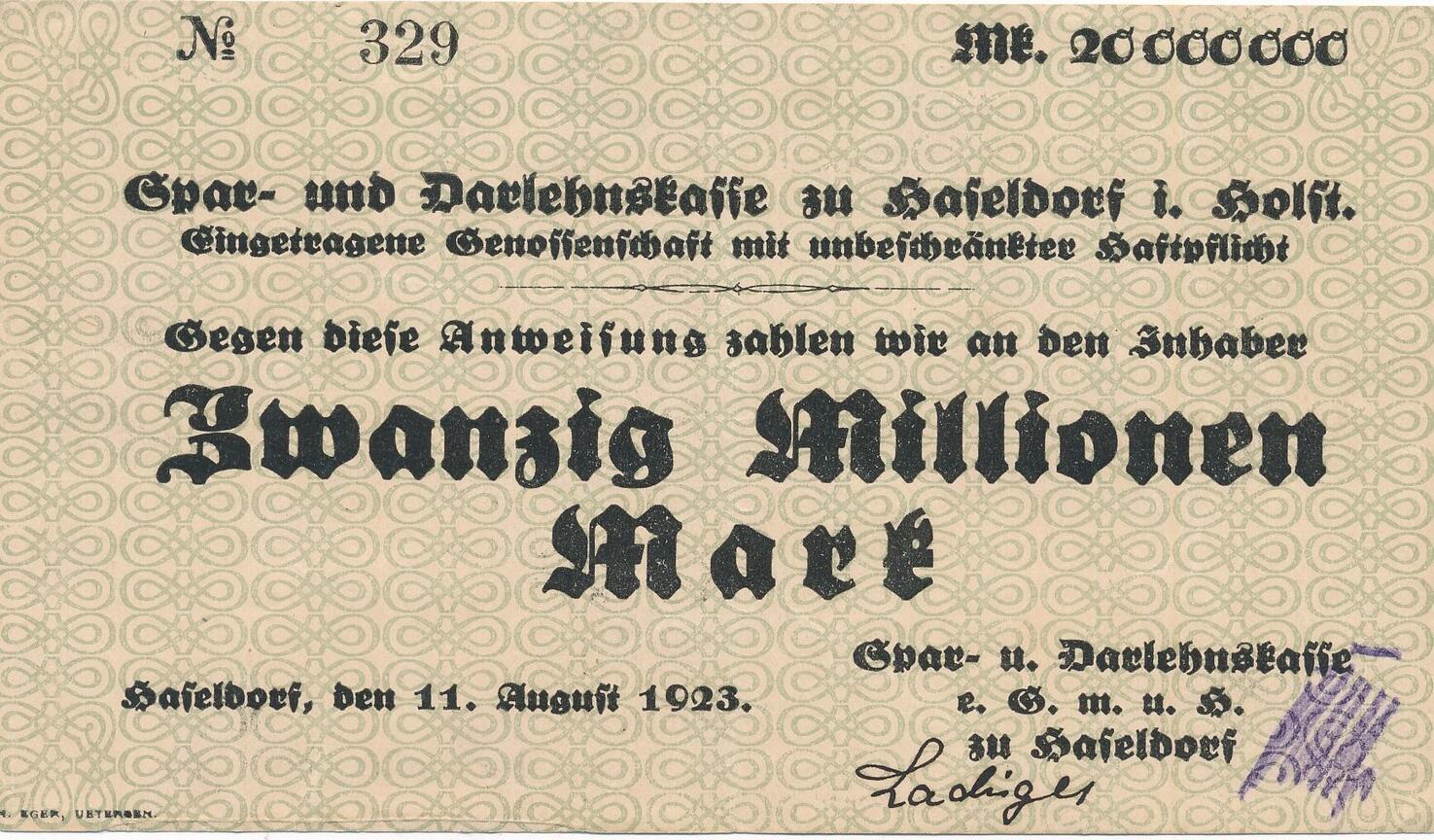 Deutschland Deutsches Reich 20 Millionen Mark 1923 Notgeldschein ...