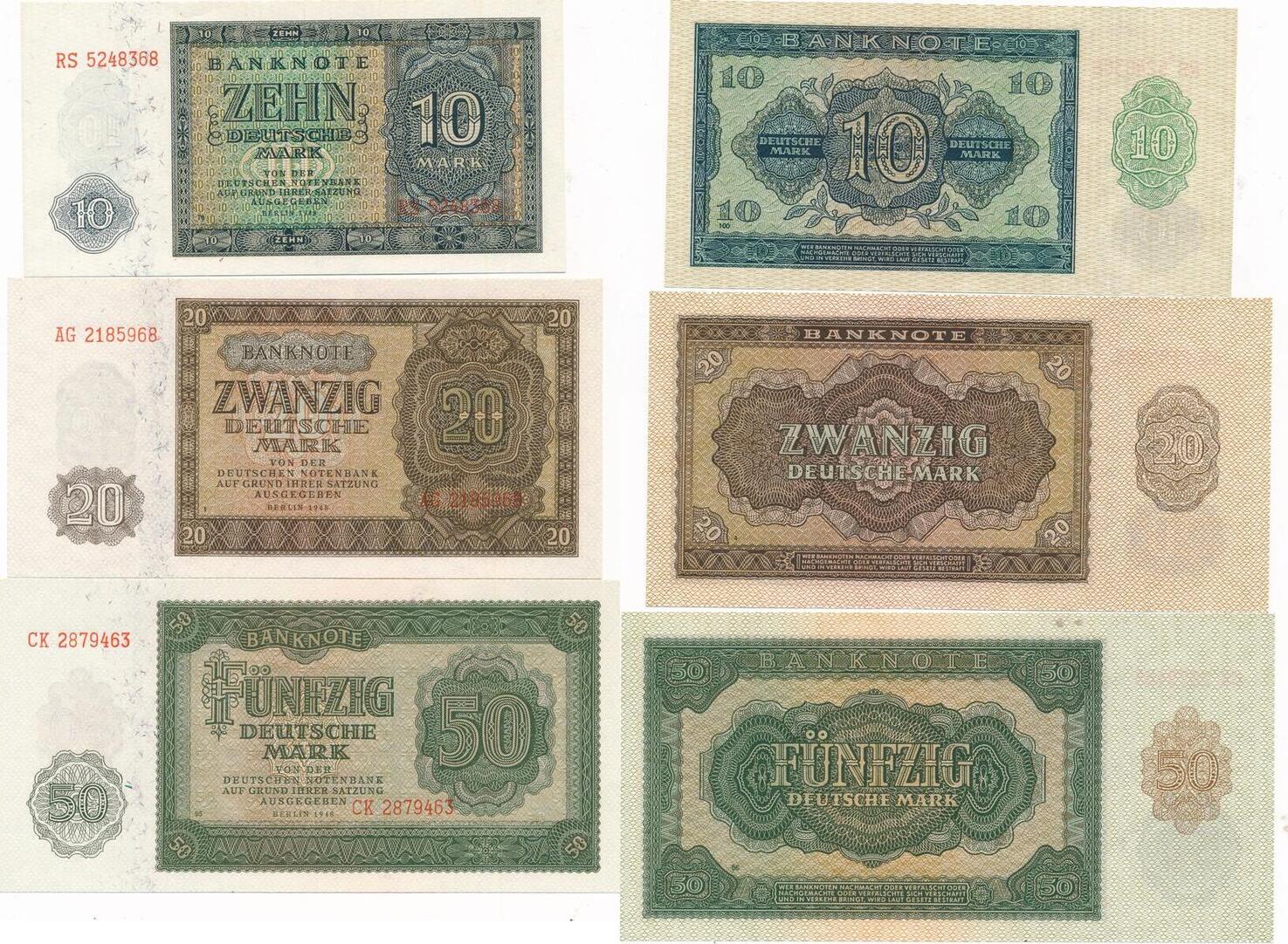 Deutschland DDR 10, 20, 50 Mark 1948 Geldschein Banknote, Staatsbank ...