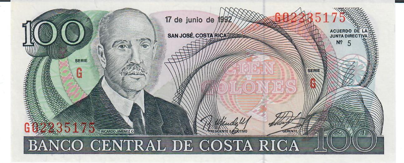 Costa Rica 100 Colones 1992 Banknote Geldschein unc | MA-Shops