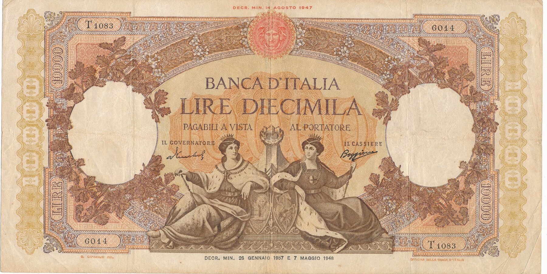 Italien 10000 Lire 1957 Geldschein Banknote Banca D`Italia Diecimila ...