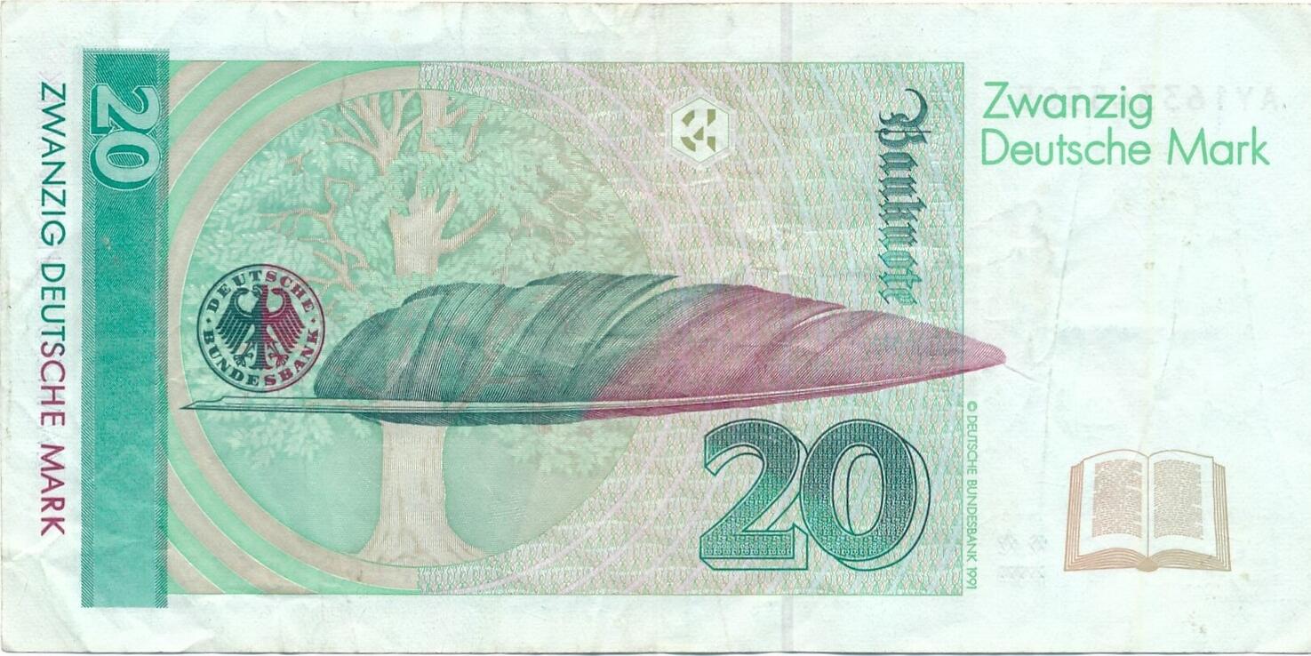 Deutschland 20 DM Deutsche Mark 1993 Geldschein Banknote Serie AY VF ...