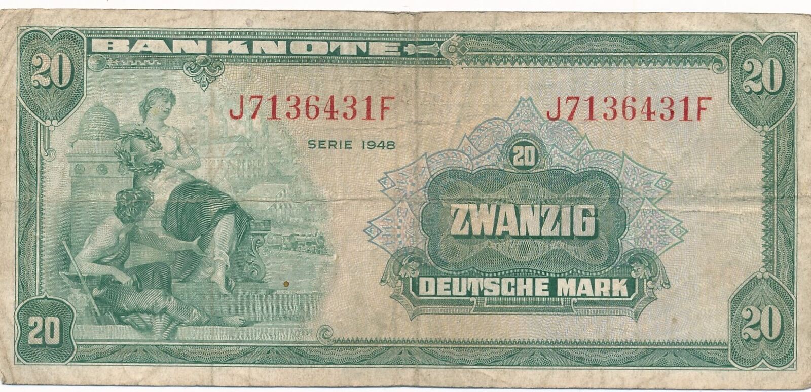 Deutschland 20 Deutsche Mark Banknote KN 7stellig rot, Kenn-Bst ...