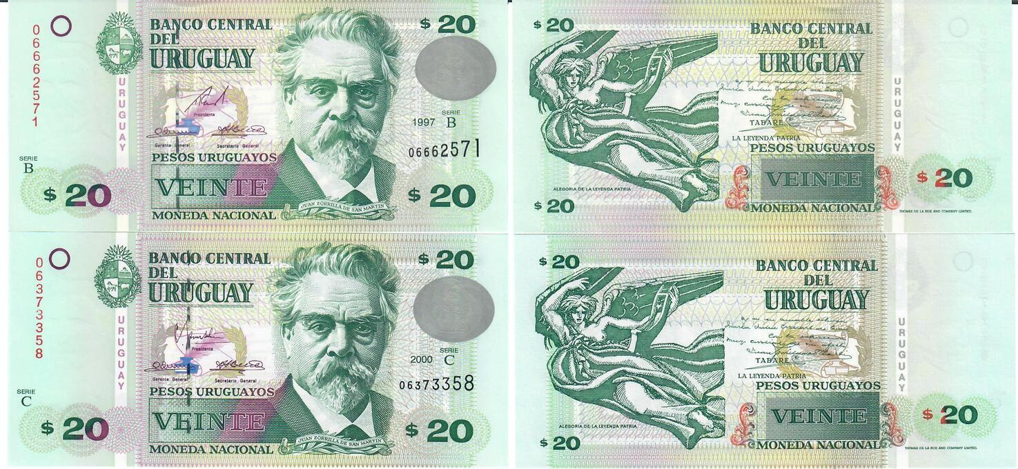 Uruguay 1997, 2000 Banknote Geldschein 2 Stück 20 Pesos (1997 und 2000 ...