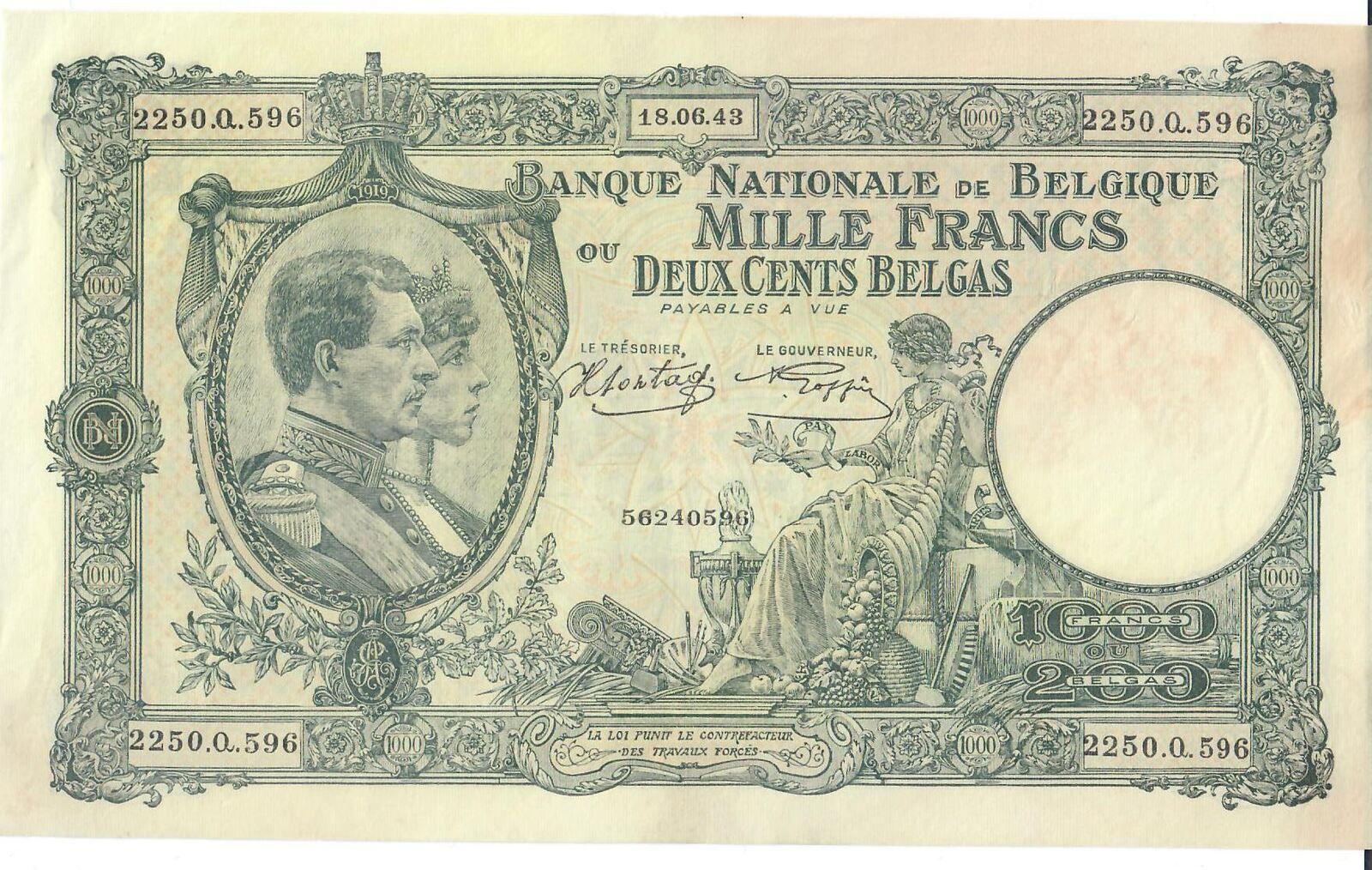 Belgien 1000 Francs-200 Belgas 1943 Banknote Geldschein aEF | MA-Shops