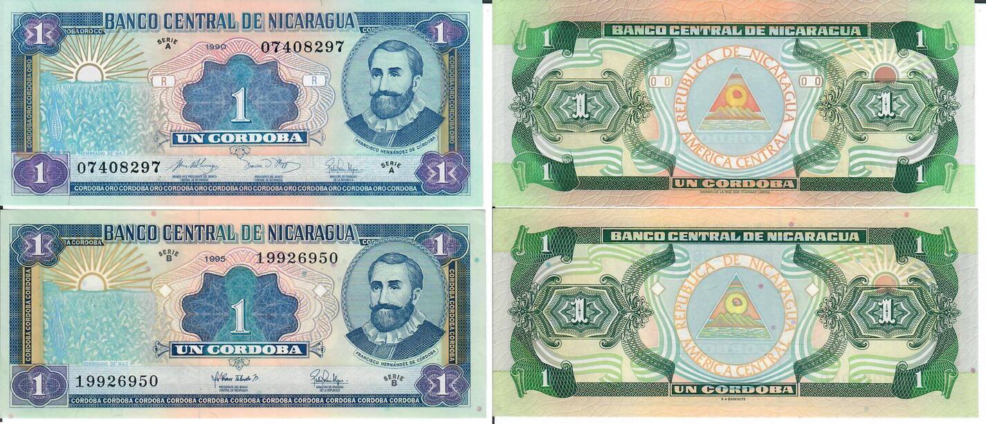 Nicaragua Banknote Geldscheine 1 Cordoba 1990 und 1995 beide (unc) 2 Scheine | MA-Shops