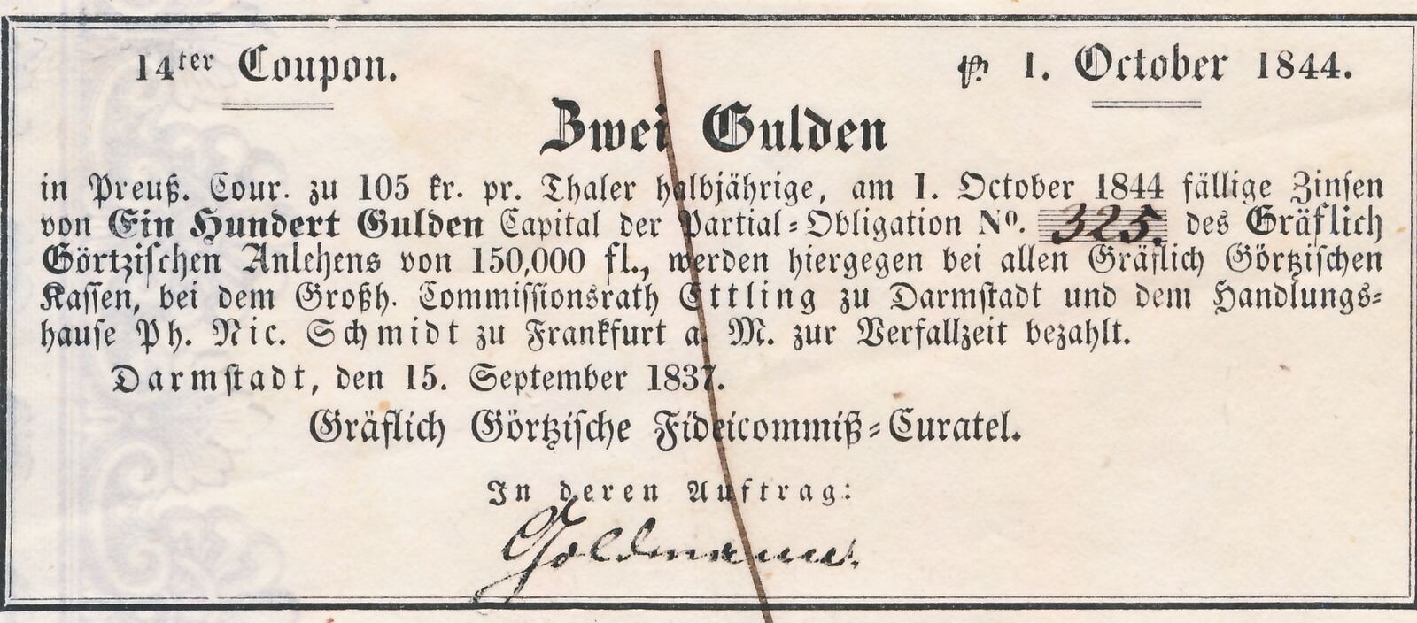 Altdeutschland Deutschland 2 Gulden, Zinsbeleg, 1844 Gräflich ...