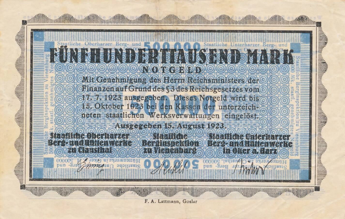 Deutschland Deutsches Reich 500 Tausend Mark 1923 Notgeld Berg- u ...