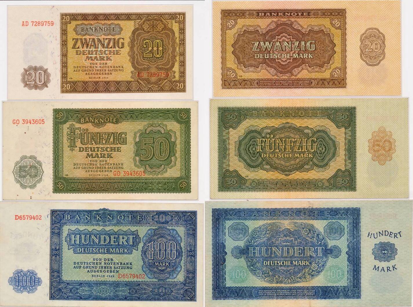 Deutschland DDR 20 50 100 Mark 1948 Geldschein Banknote, 3 Scheine, Lot ...