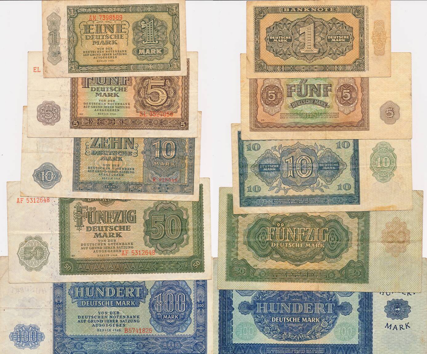 Deutschland DDR 1, 5, 10, 50 100 Mark 1948 Geldschein Banknote, 5 ...
