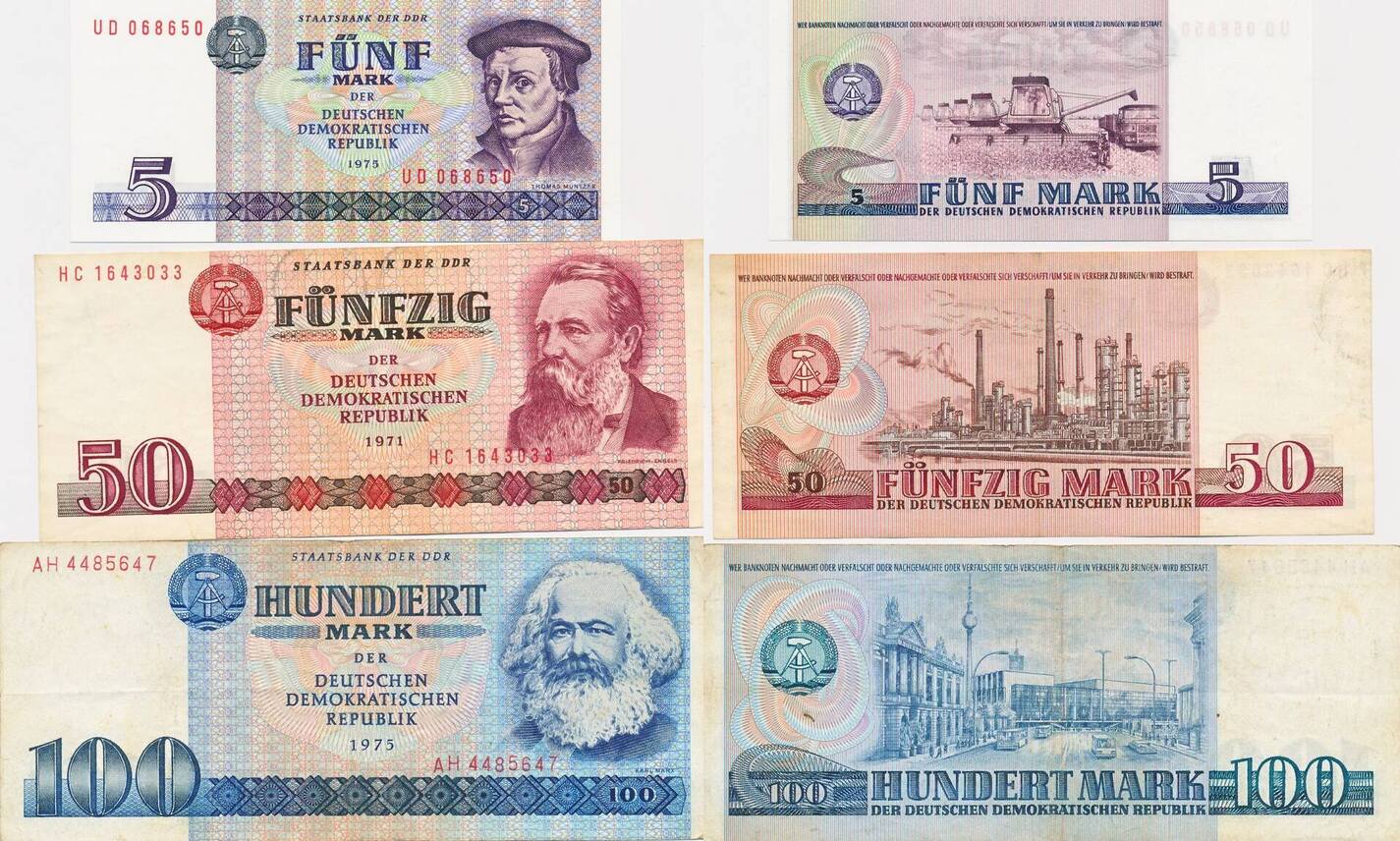 Deutschland DDR 5 50 100 Mark, 3 Scheine 1971 1975 Staatsbanknote I-III ...