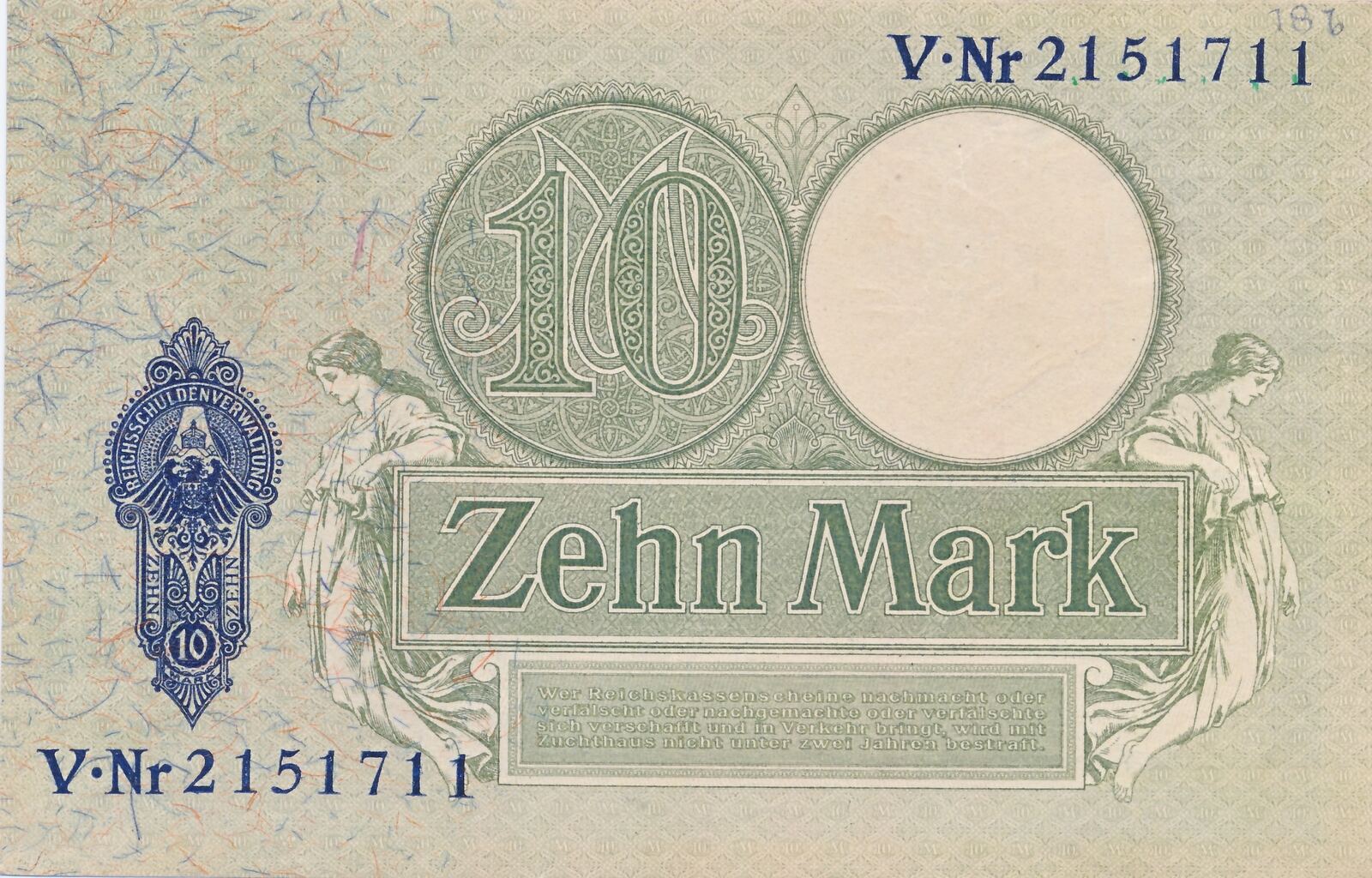 Deutschland Deutsches Reich 10 Mark 1906 Geldschein Banknote Reichskassenschein KN 7stellig ...