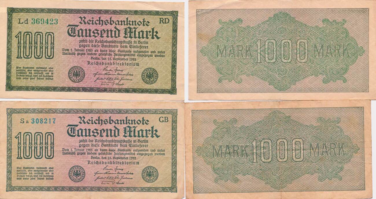 Deutschland Deutsches Reich 1000 Mark, 2 Stück 1922 Geldschein Banknote ...