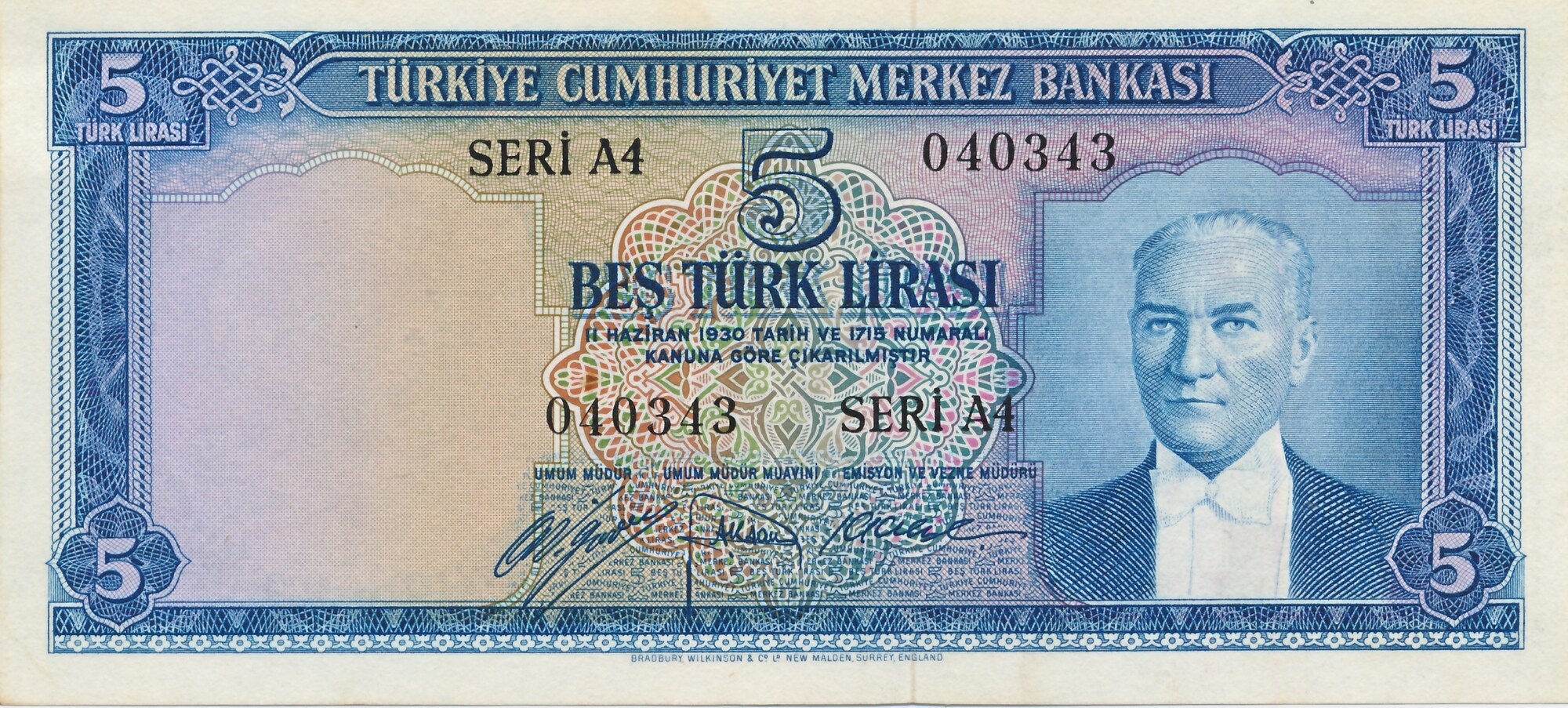 Türkei Türkiye Cumhuriyeti 5 Lira 1930 (1952) Geldschein Banknote Serie ...