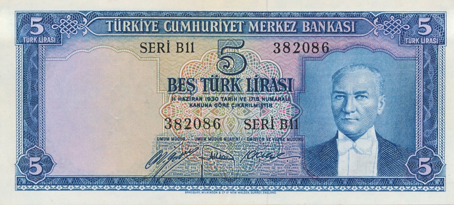 Türkei Türkiye Cumhuriyeti 5 Lira 1930 (1952) Geldschein Banknote Serie ...