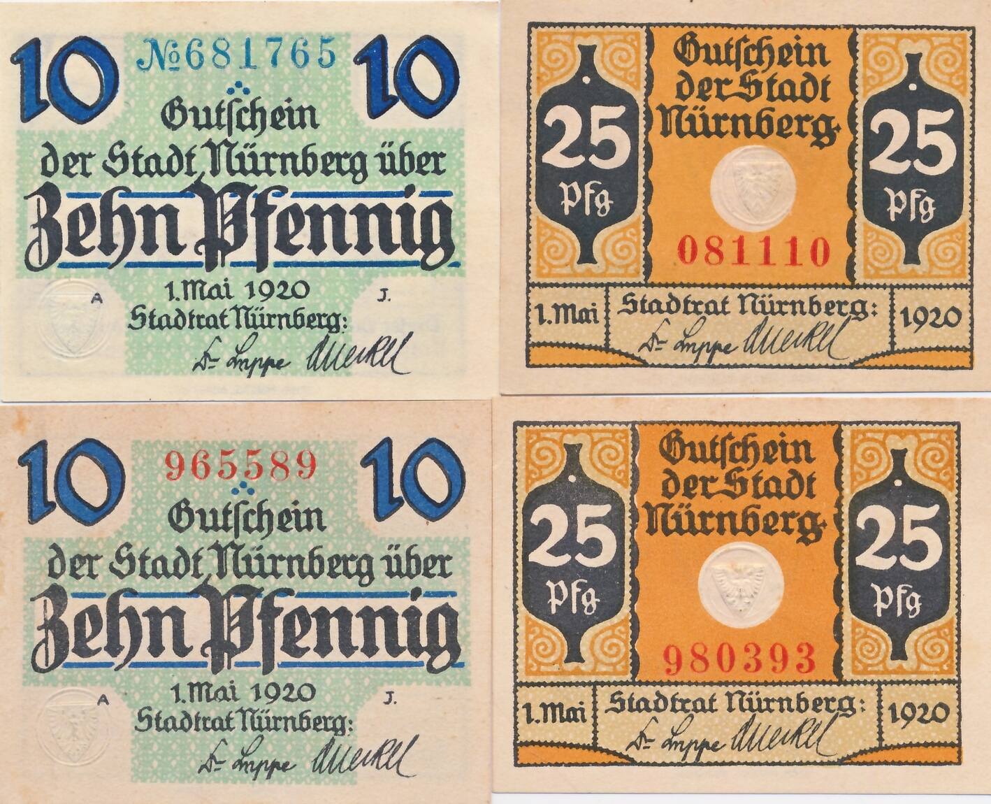 Deutschland Deutsches Reich 2x 10 und 2x 25 Pfennig, 4 Scheine 1920 Notgeld Notgeldschein ...