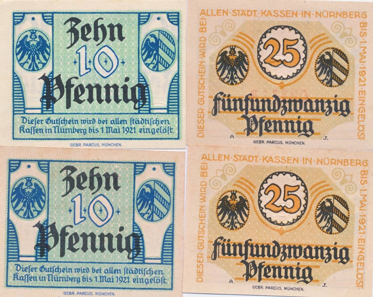 Deutschland Deutsches Reich 2x 10 und 2x 25 Pfennig, 4 Scheine 1920 Notgeld Notgeldschein ...