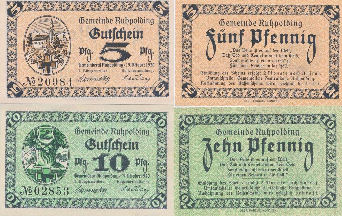 Deutschland Deutsches Reich 10 und 5 Pfennig, 2 Scheine 1920 Notgeld Notgeldschein Ruhpolding ...
