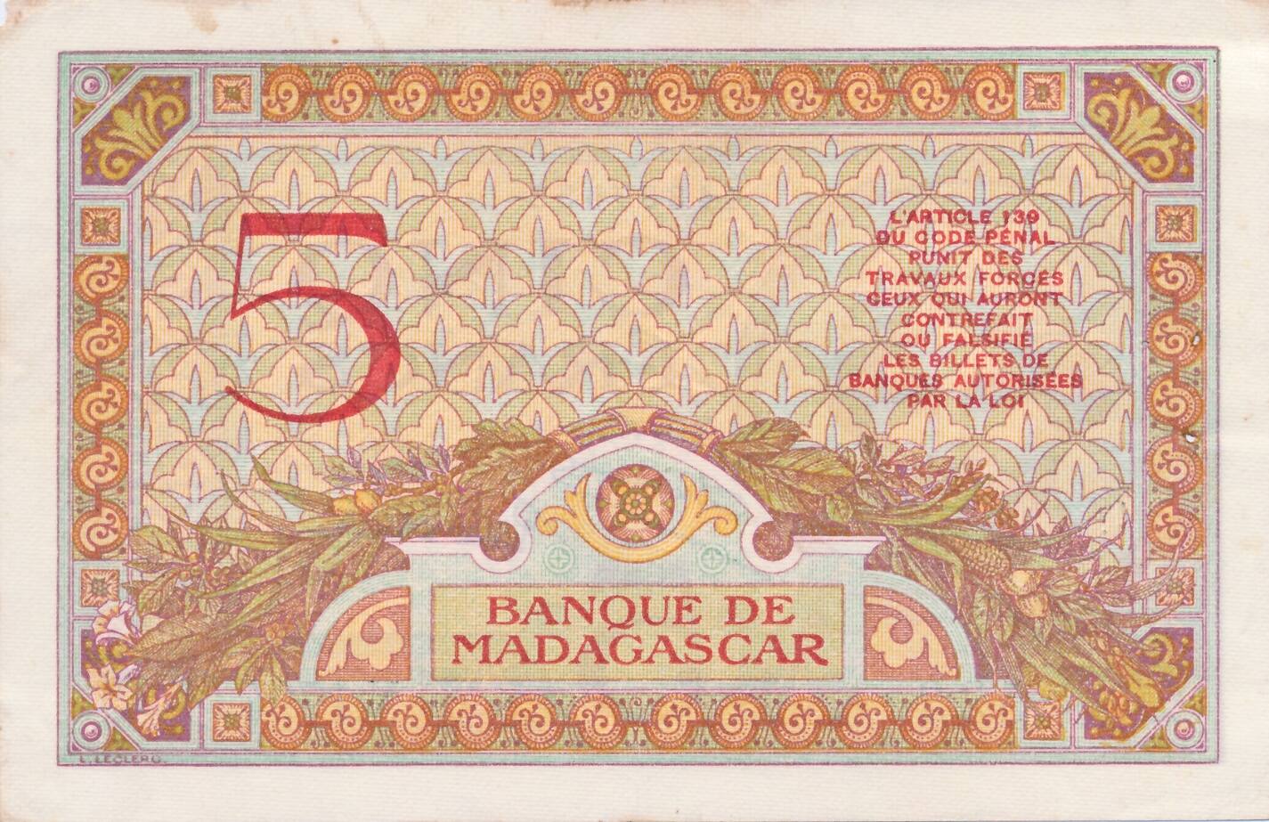Madagascar / Madagaskar 5 Francs (1937) Geldschein Banknote VF kl. Riss ...