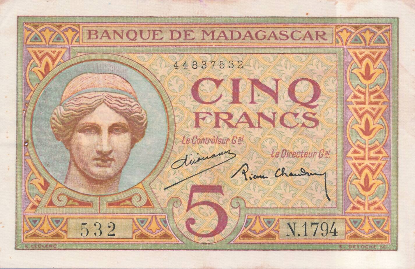 Madagascar / Madagaskar 5 Francs (1937) Geldschein Banknote VF kl. Riss ...