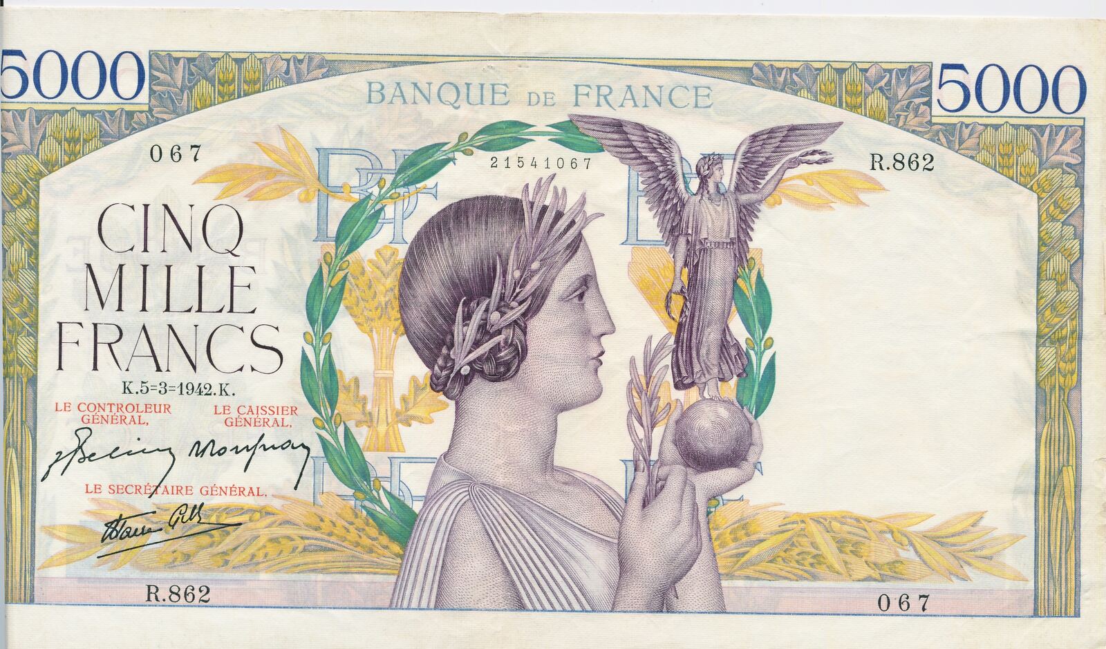 Frankreich 5000 Francs K-5=3=1942 .K. Geldschein Banknote, Victoire VF ...