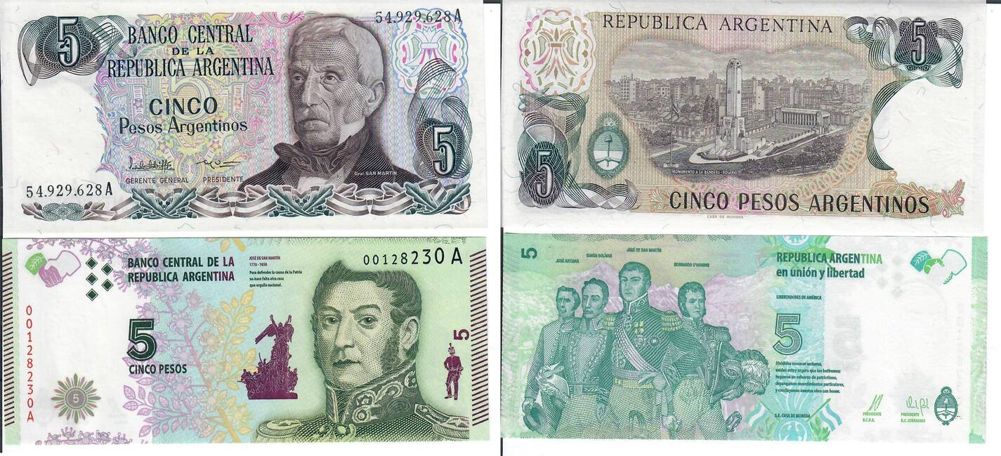 Argentinien o.D.(1983-85 und 2015) Banknote Geldscheine 5 pesos (unc) 2 ...