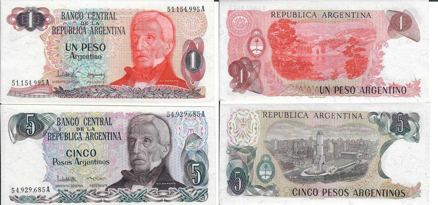 Argentinien o.D.(1983-85) Banknote Geldscheine 1 5 Pesos (beide unc) 2 ...