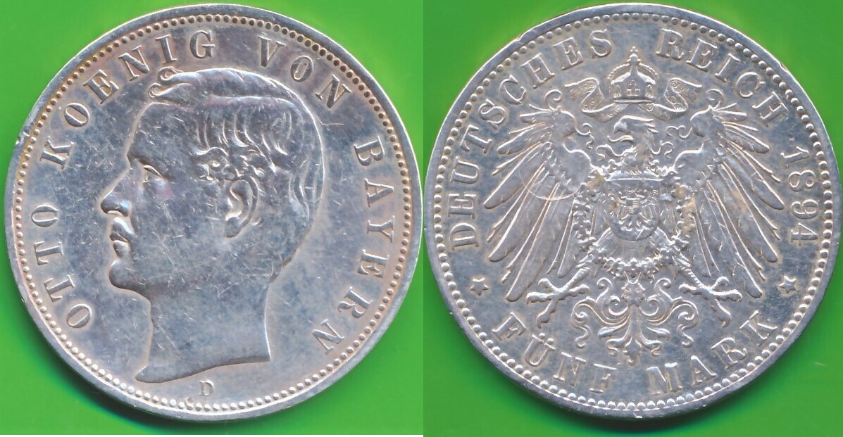 Deutschland Deutsches Reich 5 Mark 1894 D Bayern, Otto 1886-1913 VF ...