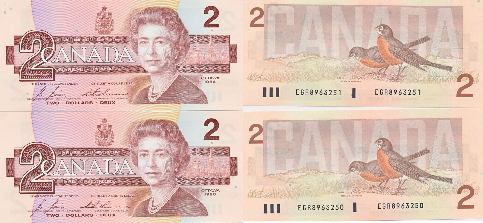 Canada 2 Dollars 1986 2x folgende Nummern, 2 Scheine Elisabeth II ...