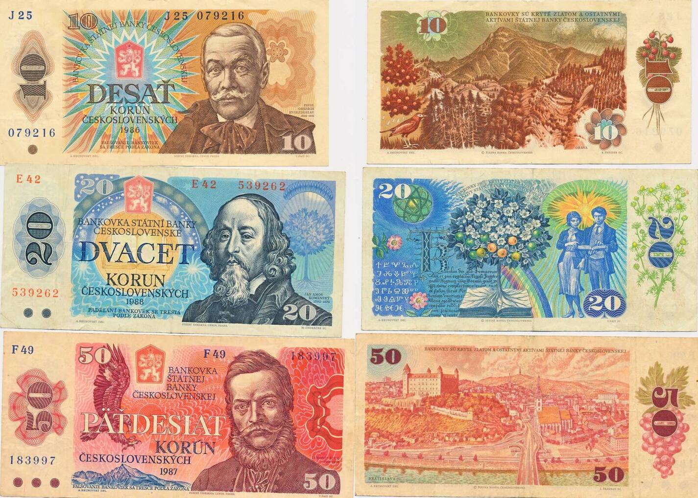 Tschechoslowakei 10 20 50 Korun, 3 Scheine 1986 1987 1988 ...