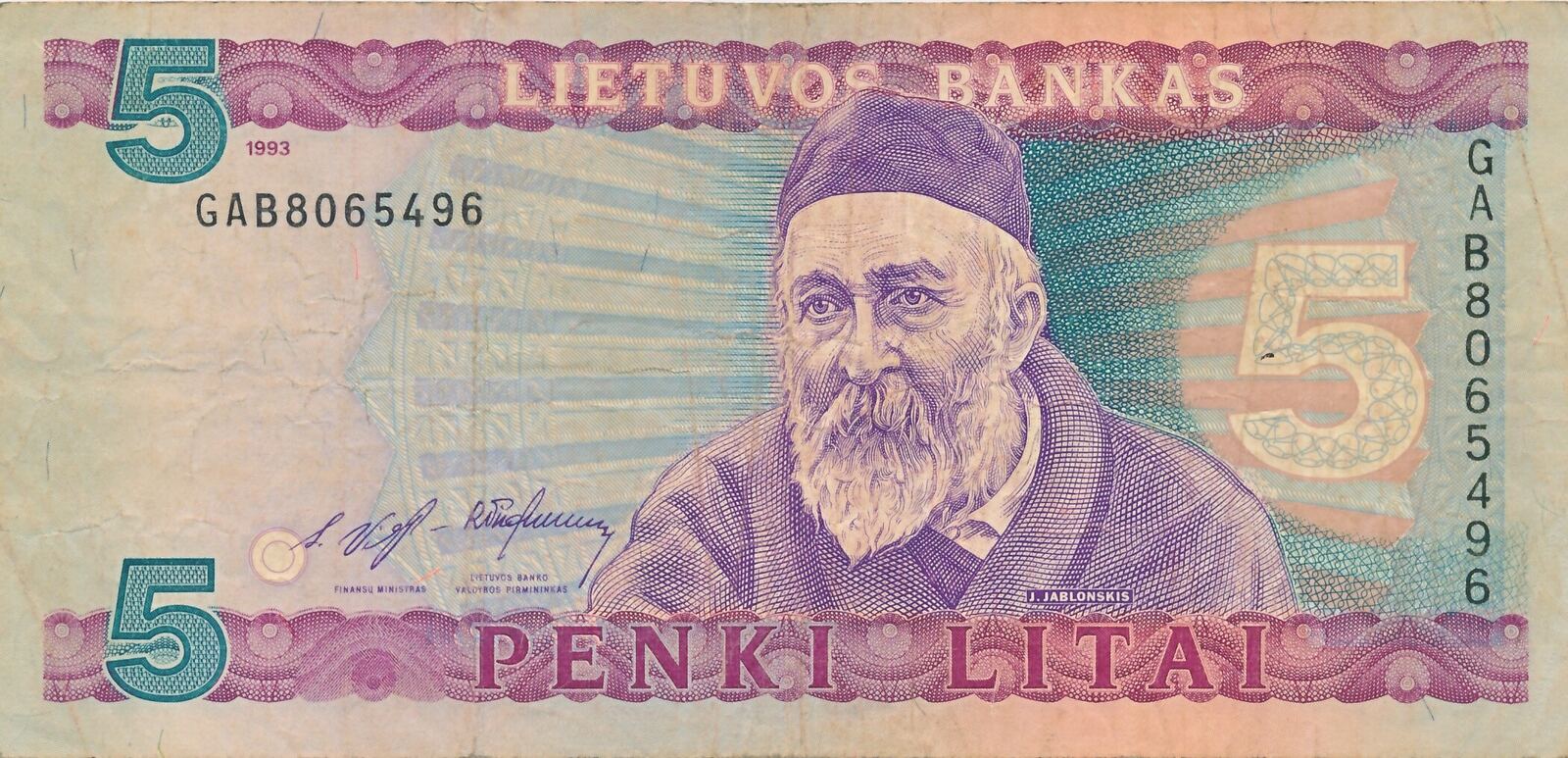 Litauen 5 Litai 1993 Geldschein Banknote Penki Litai VF | MA-Shops