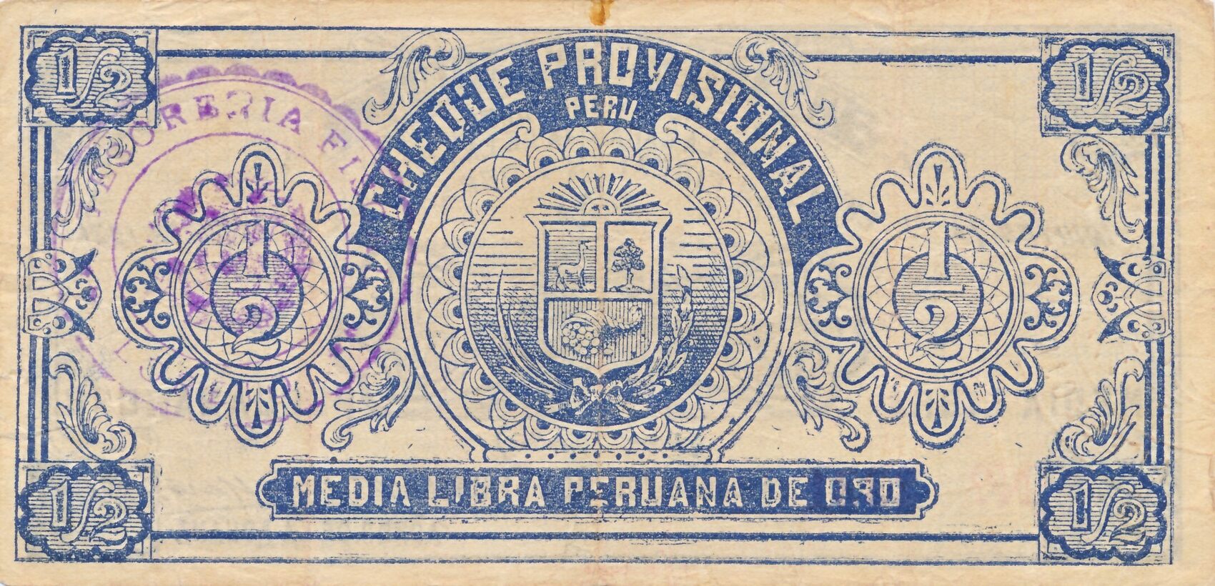 1/2 Libra Banknote, Media Libra, PERUANA IQUITOS 1921 REVOLUTION CHEQUE ...