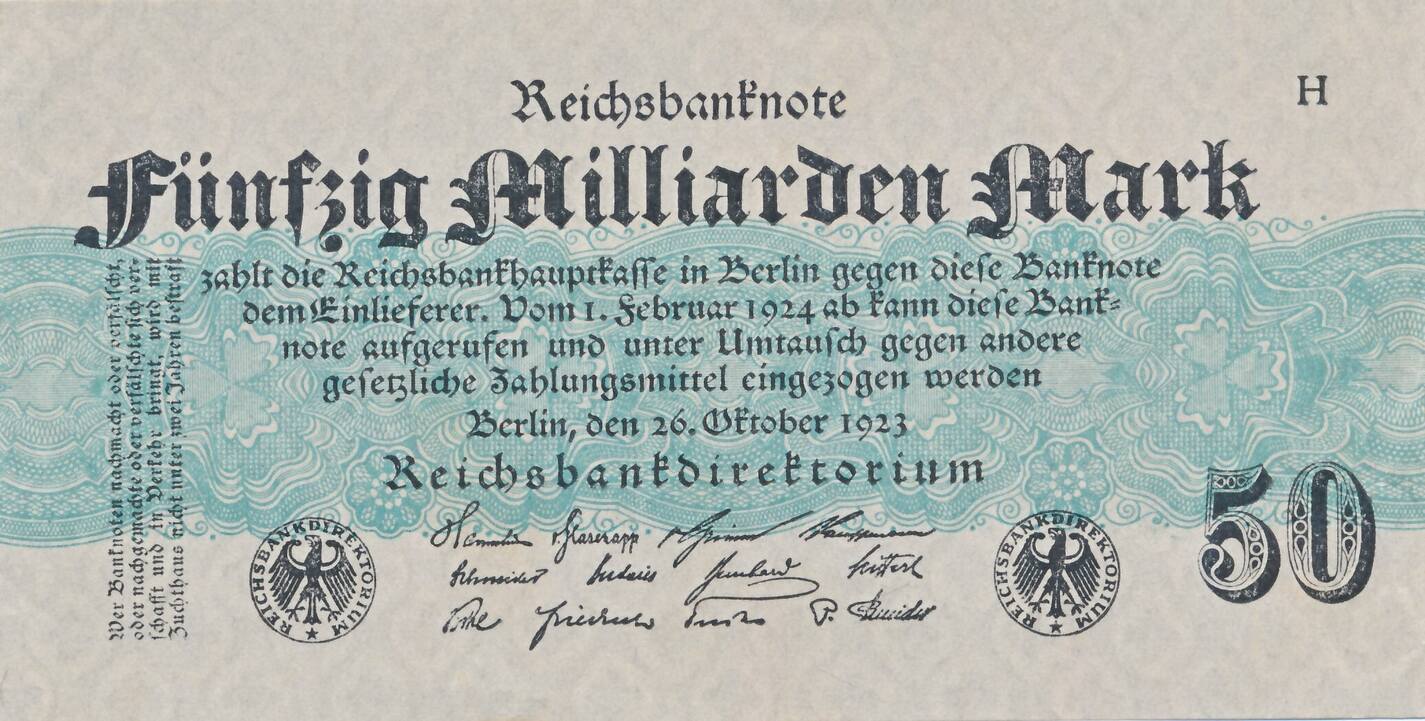 Deutschland Deutsches Reich 50 Milliiarden Mark 1923 Banknote FZ: H unc ...