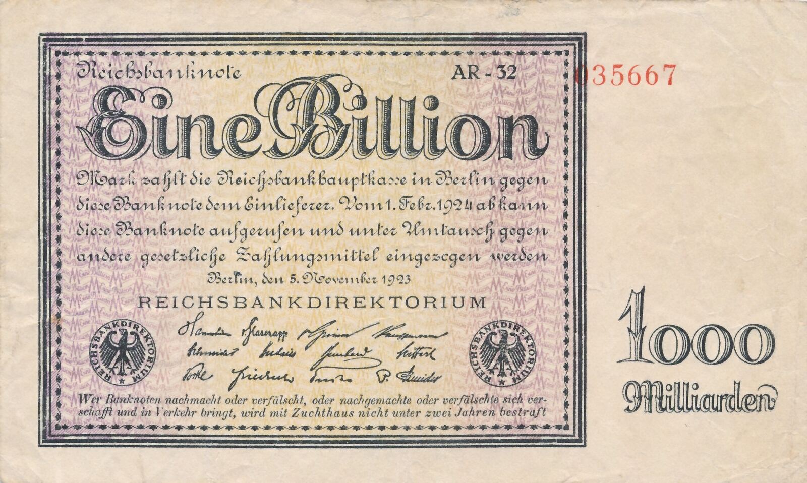 Deutschland Deutsches Reich Weimarer Republik 1 Billion Mark ...